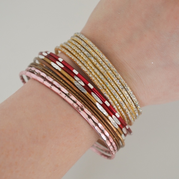 Jewelry | Gold Red Silver And Pink Bangle Set | Poshmark